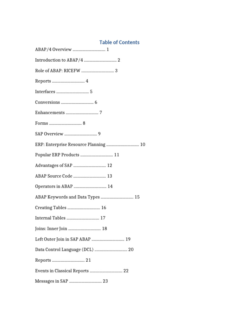 SAP ABAP Table of Contents | PDF