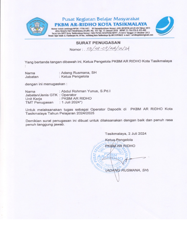Surat Penugasan Oprator Arridho | PDF