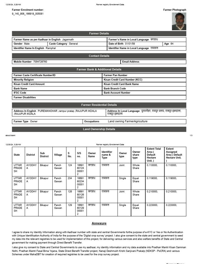 Farmer Registration and Identification Data | PDF