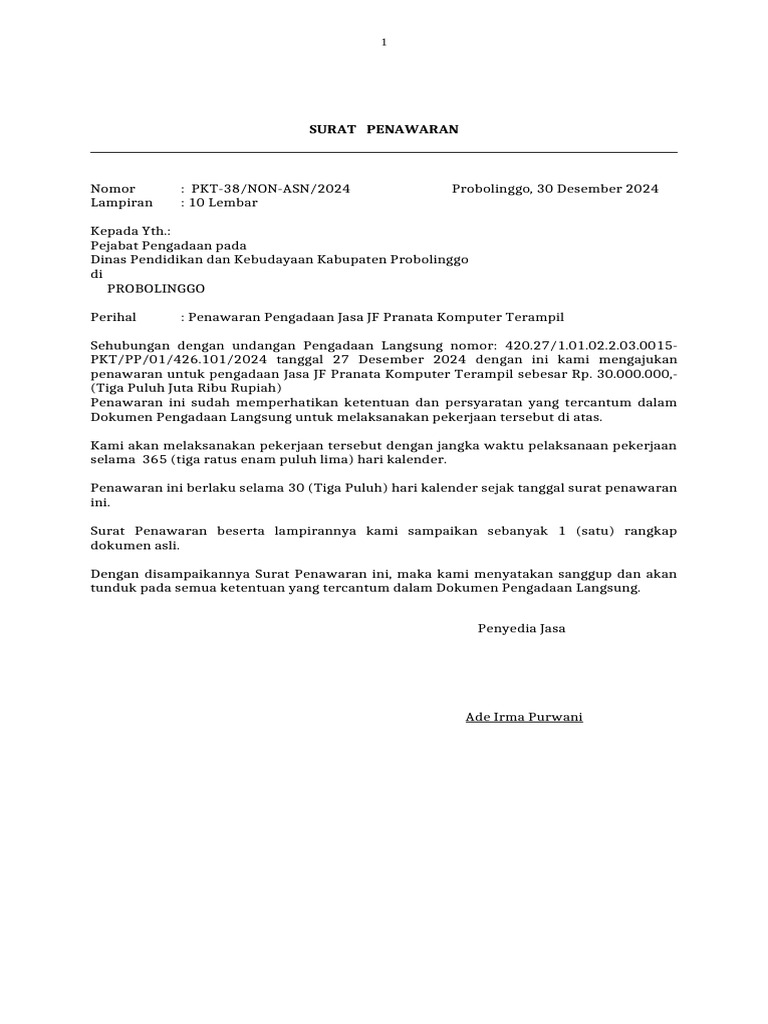 Dokumen Penawaran JF Pranata Komputer Terampil | PDF