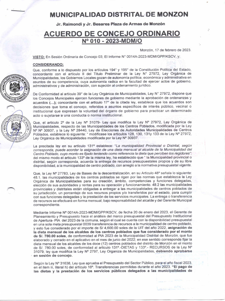 Acuerdo de Consejo Ordinario N010 | PDF
