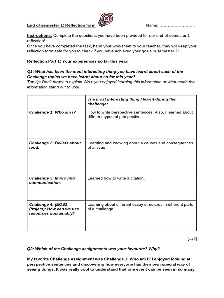 Grade 7 - End of Semester Reflection | PDF | Social Psychology ...