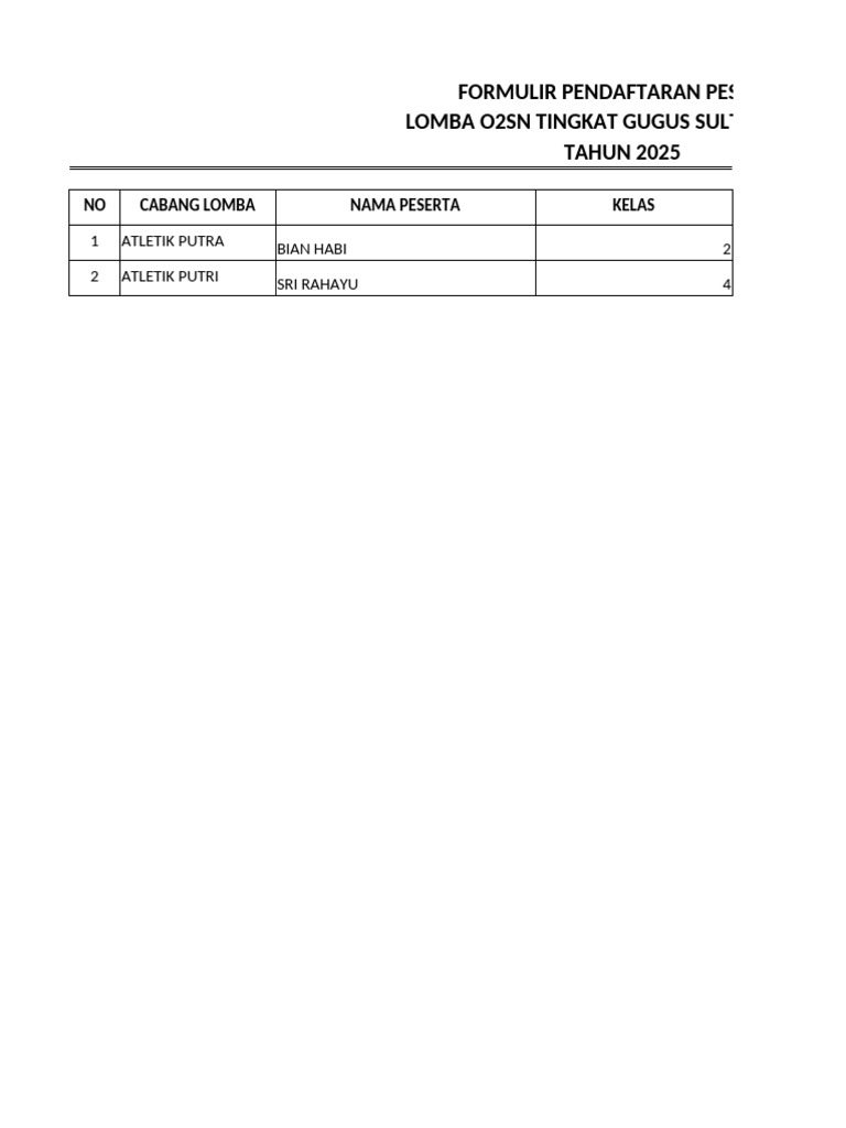 Formulir Pendaftaran Peserta O2sn Tahun 2025 | PDF