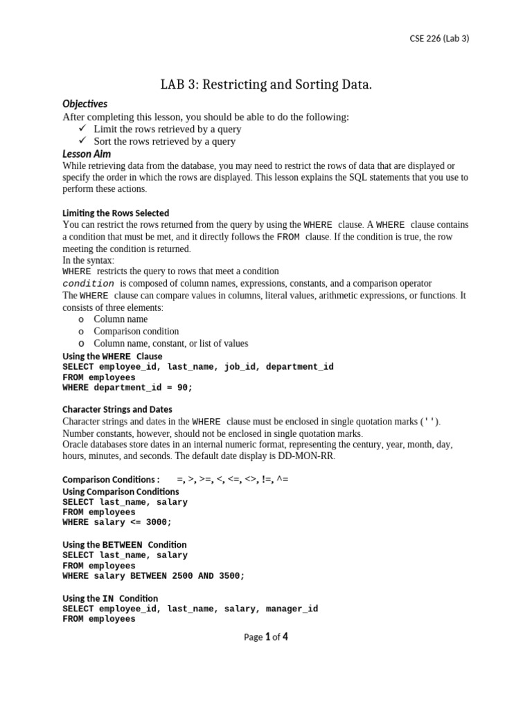 Lab 3 Restricting and Sorting Data | PDF | Information Retrieval | Databases