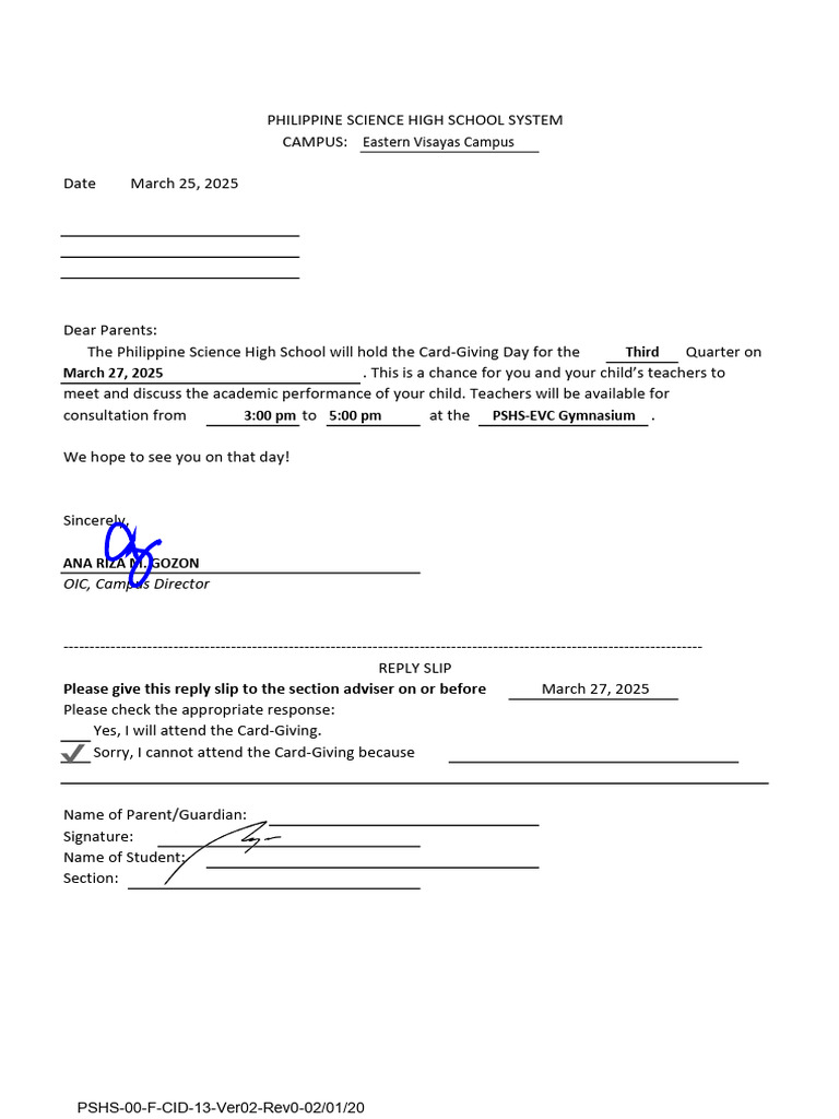 Letter To Parents With Reply Slip Q3 Signed | PDF