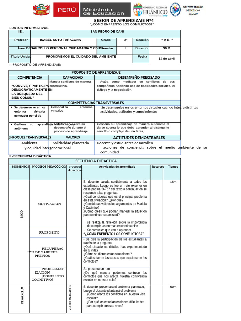 Sesion de Aprendizaje N°4 Ua1 2do DPCC | PDF | Aprendizaje | Evaluación