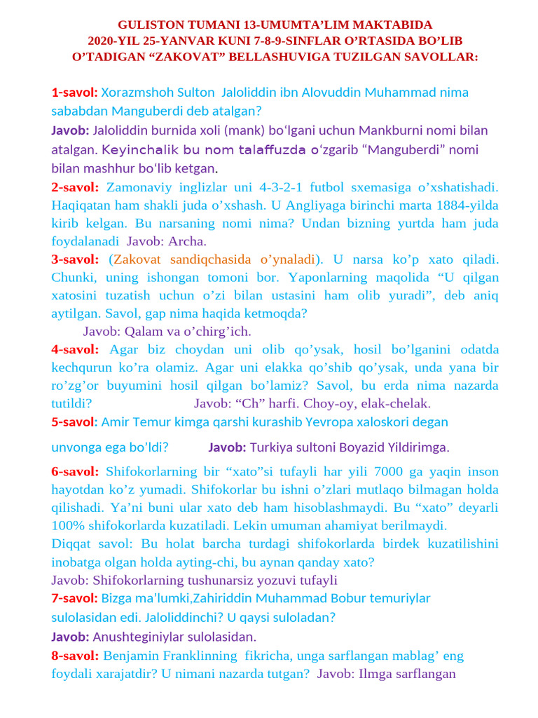 ZAKOVAT SAVOLLARI 2020 Yil | PDF