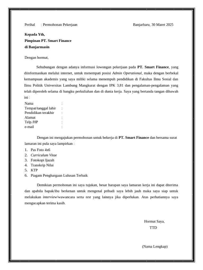 Surat Lamaran PT. Smart Finance | PDF