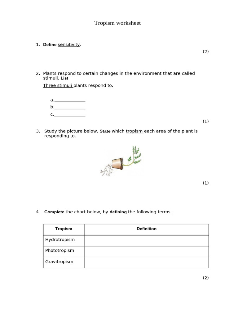 Tropisms-worksheet | PDF | Plant Physiology | Branches Of Botany