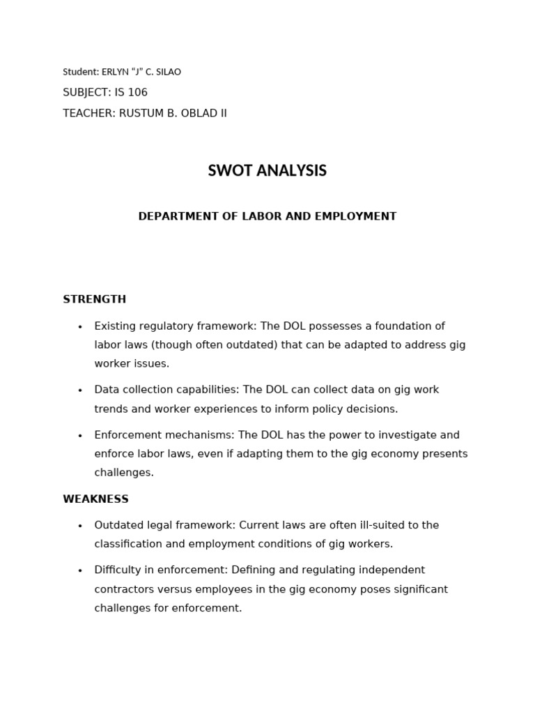 SWOT Analysis of DOL on Gig Economy | PDF
