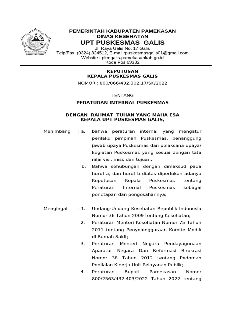 2.4.2.1 SK Peraturan Internal Puskesmas 2017 | PDF