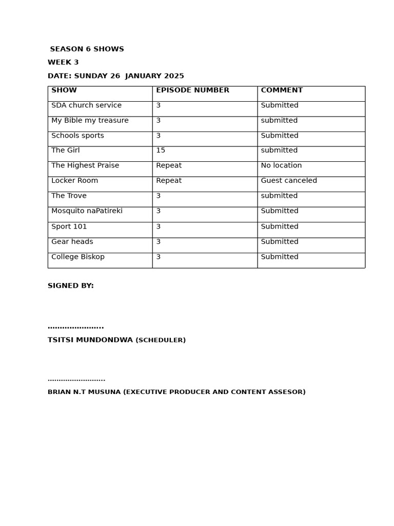 Week 3 Show Schedule - Season 6 | PDF