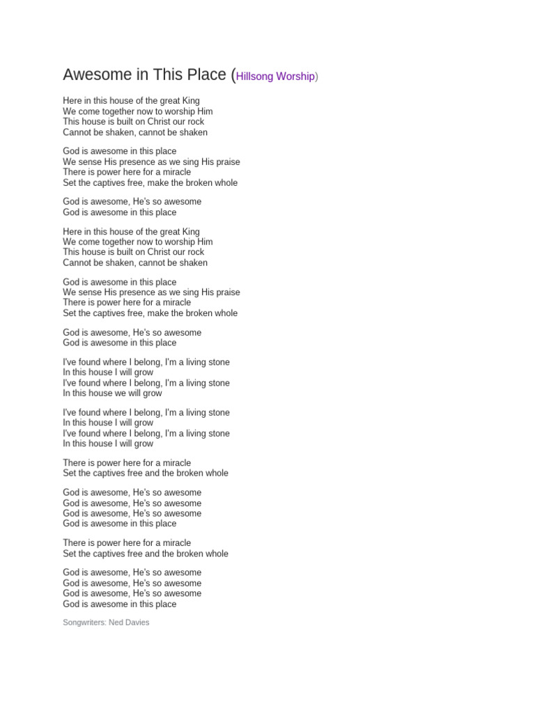 God is Awesome in This Place Lyrics | PDF
