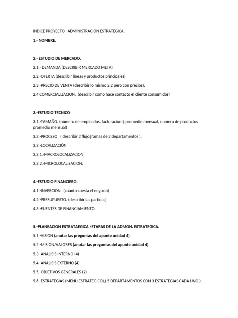 Indice Proyecto Administración Estrategica | PDF