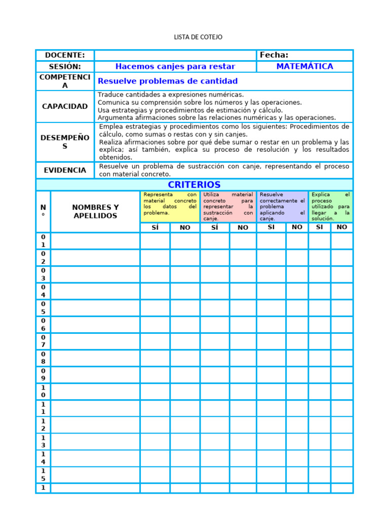 Restas Con Canjes Hasta 599_MAT_LISTA de COTEJO | PDF
