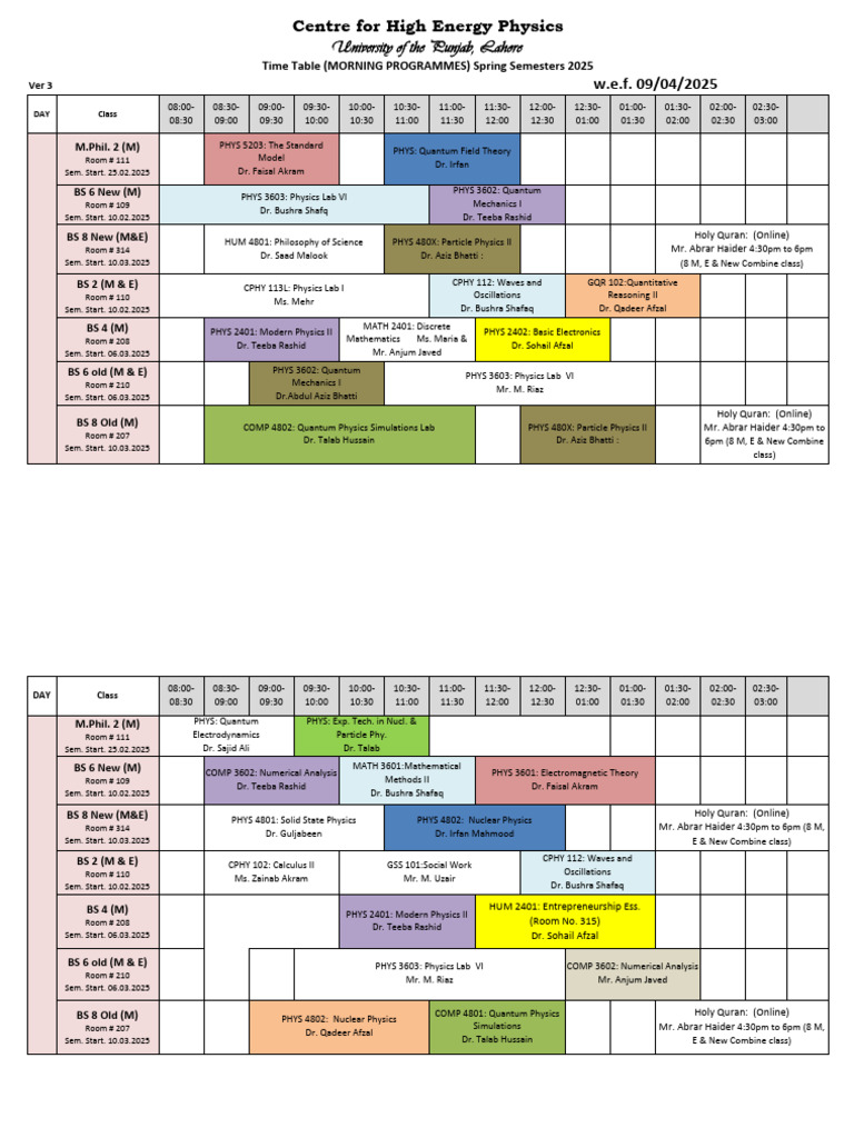 Time Table Spring 2025. Ver.3 | PDF | Physics | Mechanics