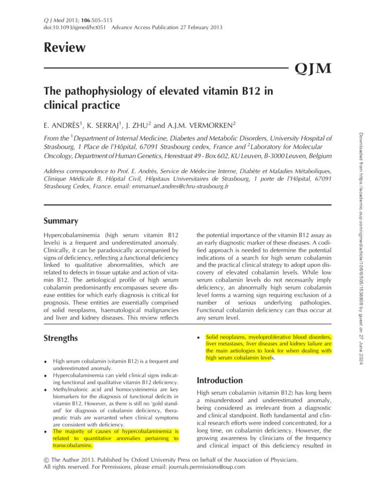 The Pathophysiology of Elevated Vitamin B12 in | PDF | Vitamin B12 ...