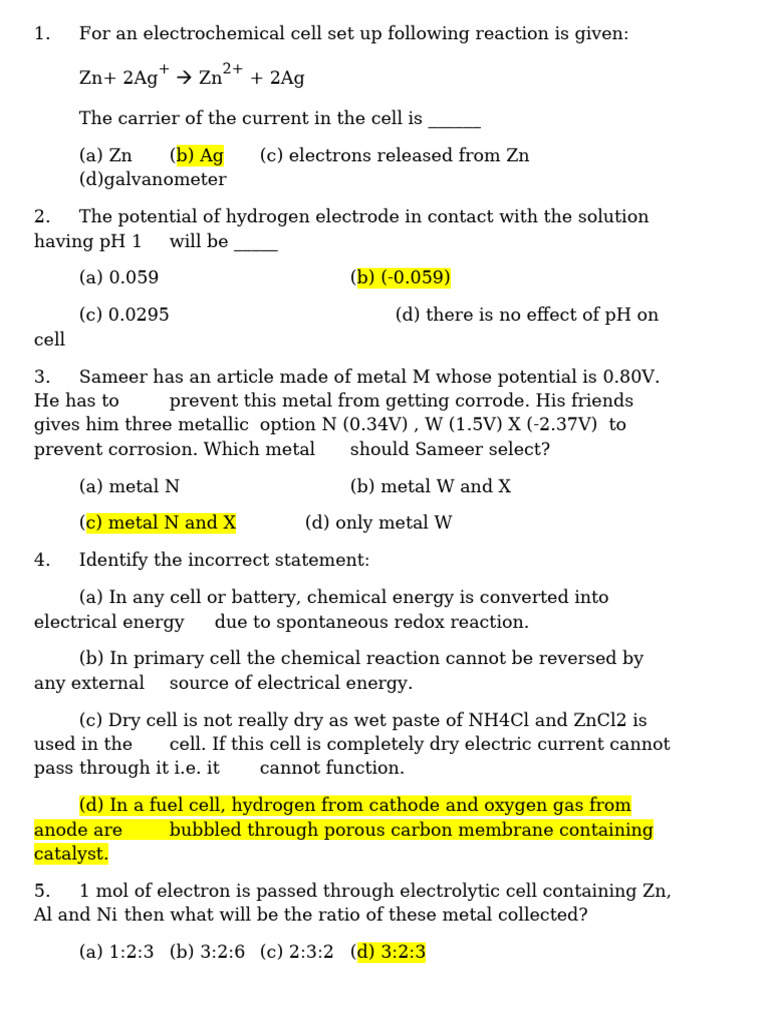 CH 2 ELECTROCHEMISTRY (PART 1,3 AND 4)-CBSE | PDF | Electrochemistry ...