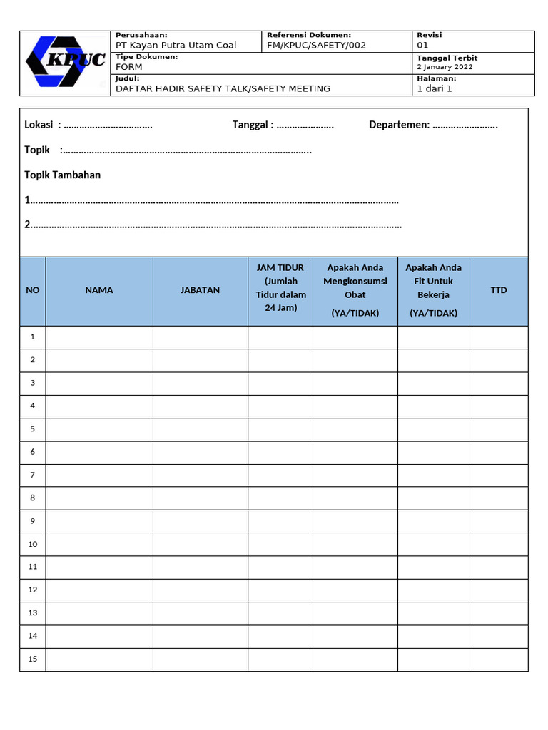 02-Fm-Daftar Hadir Safety Talk | PDF