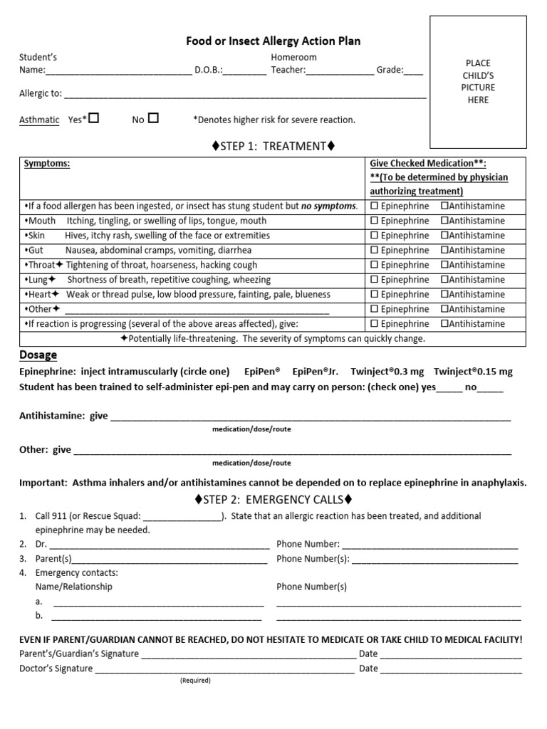 Food or Insect Allergy Action Plan | PDF | Allergy | Medical Specialties