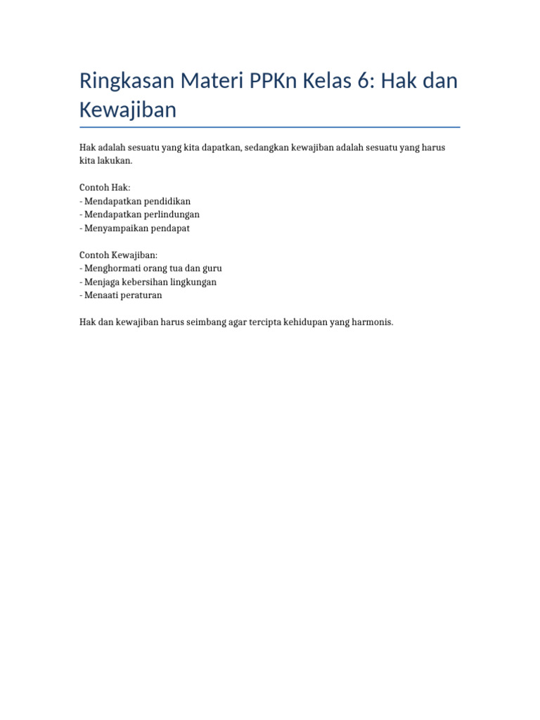File 4 Ringkasan Materi PPKN Kelas 6 Hak Dan Kewajiban | PDF