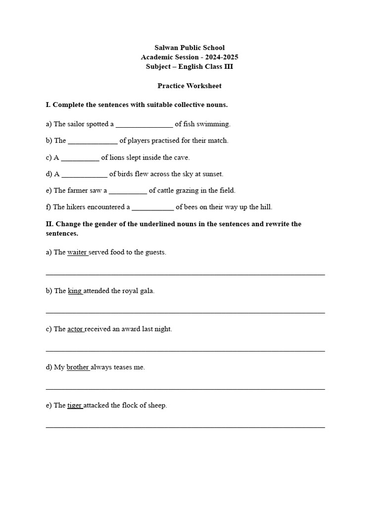 Class 3 English Practice Worksheet (2024-25) | PDF | Adjective ...