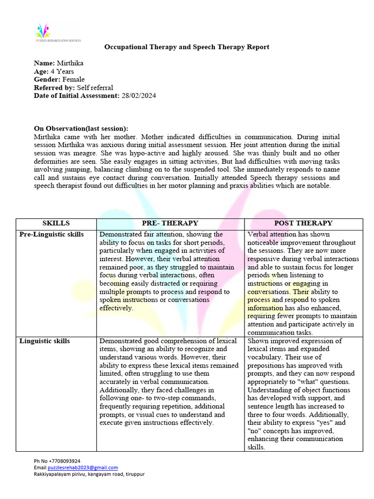 Occupational Therapy and Speech Therapy Report MIRTHIKA1 | PDF | Speech ...