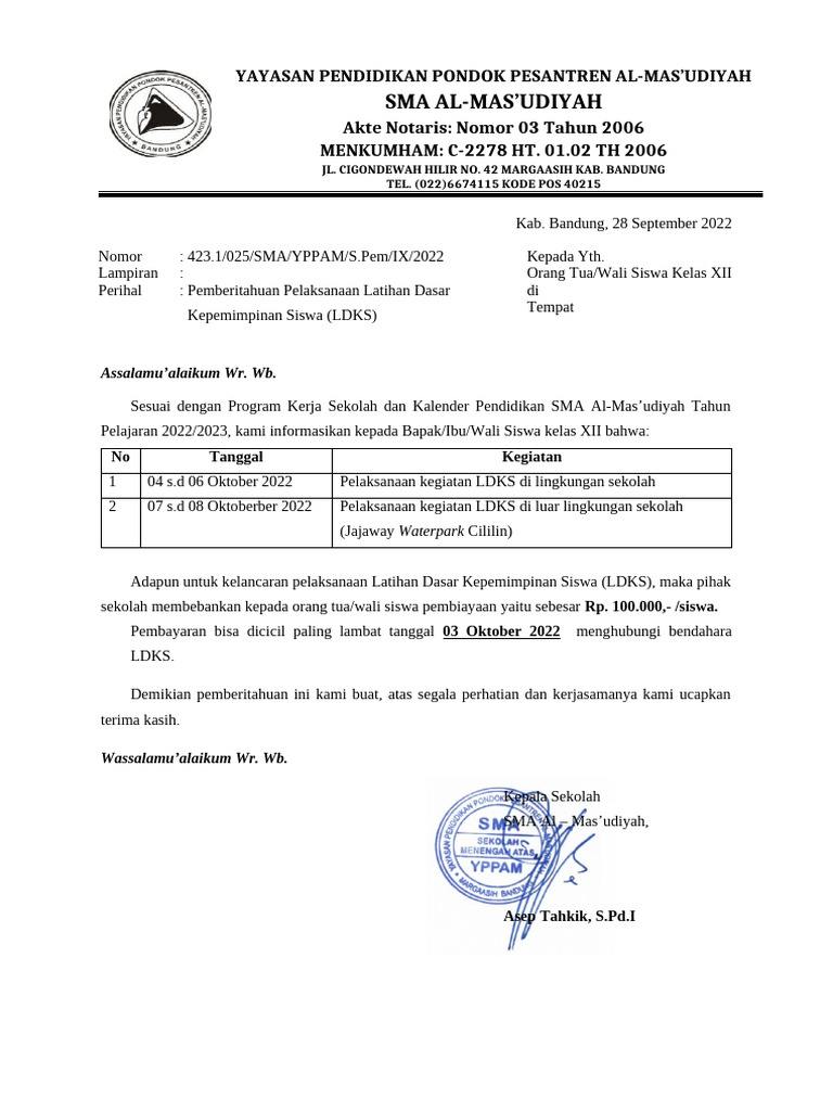 Surat Pemberitahuan LDKS 2022 Kelas XII | PDF