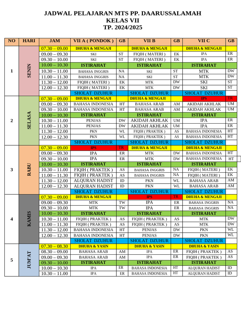 Jadwal Pelajaran MTS PP 2021 7 | PDF
