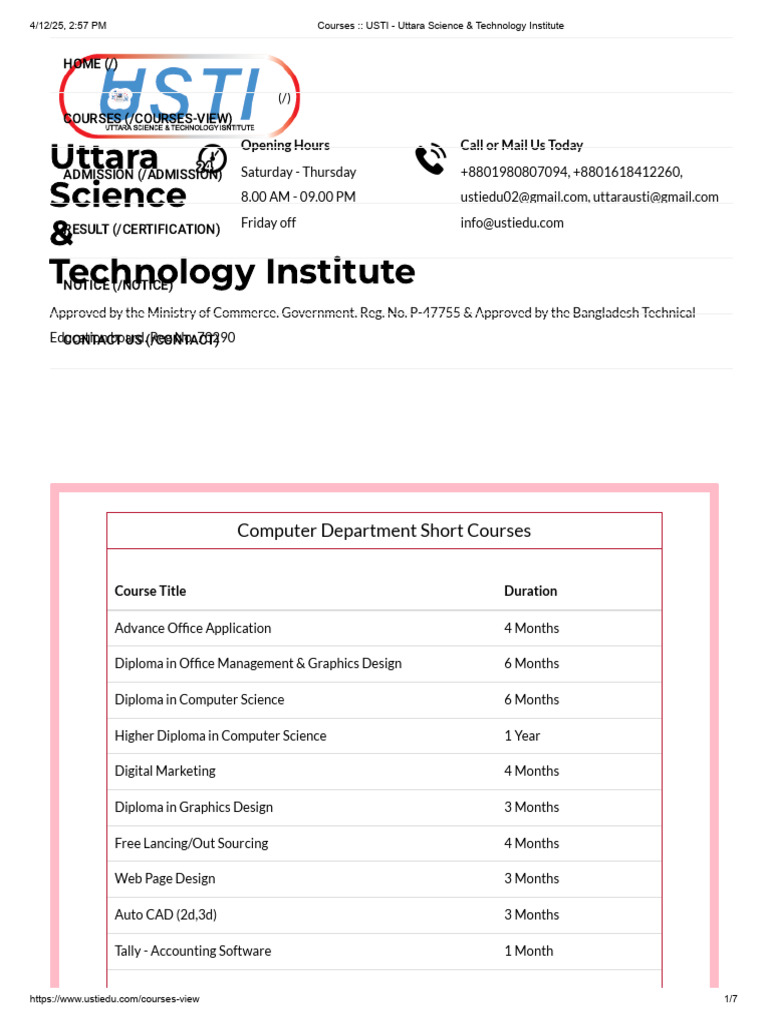 Courses - USTI - Uttara Science & Technology Institute | PDF | Diploma
