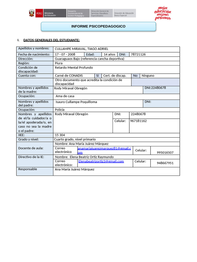 Informe Psicopedagógico Tiago Cullampe | PDF | Aprendizaje | Evaluación