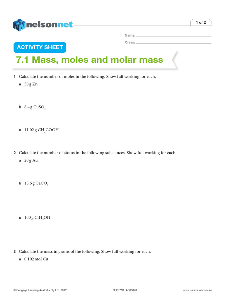 Mass, Moles and Molar Mass Worksheet | PDF