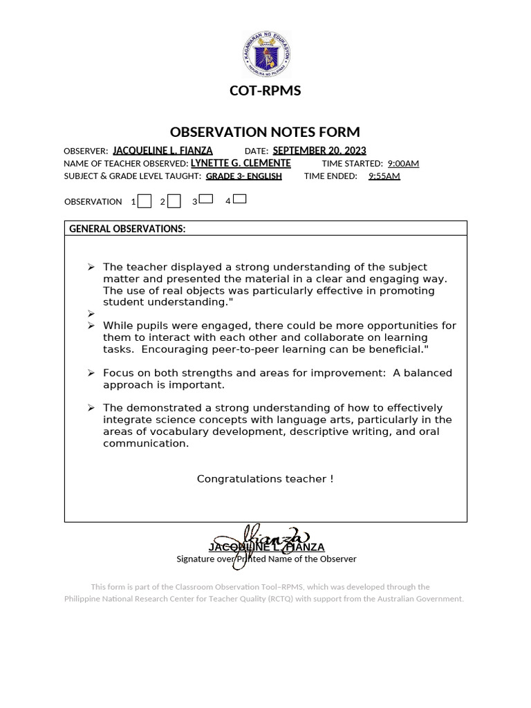 Grade 3 English Observation Notes | PDF