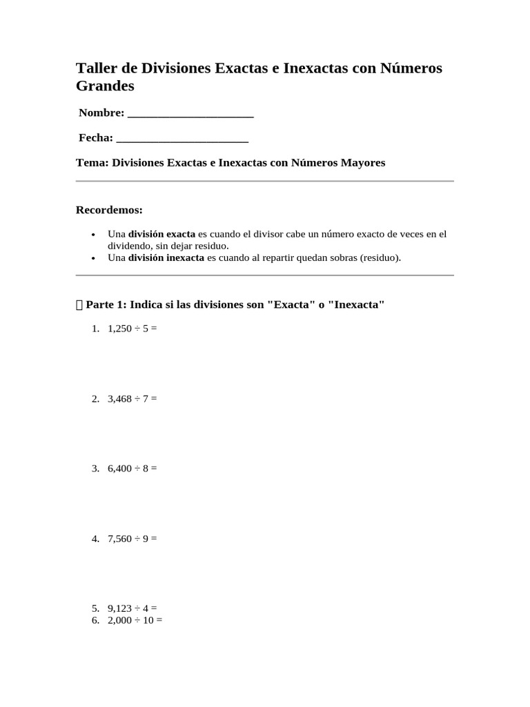 Taller de Divisiones Exactas e Inexactas | PDF