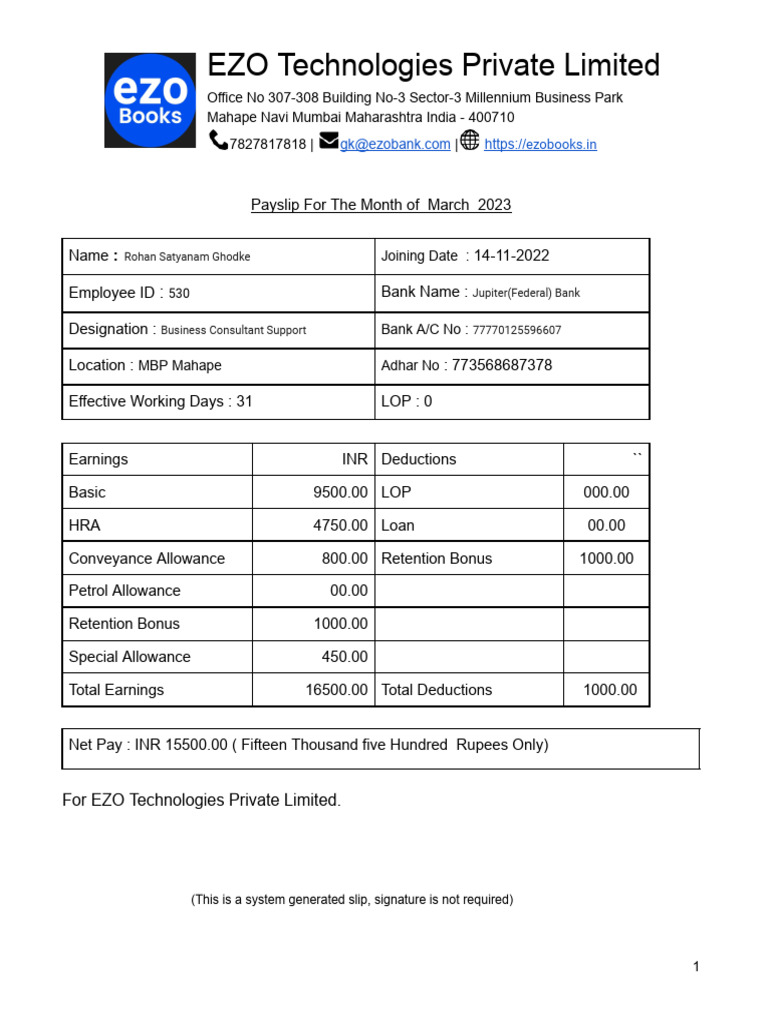 EZO Technologies March 2023 Payslip | PDF