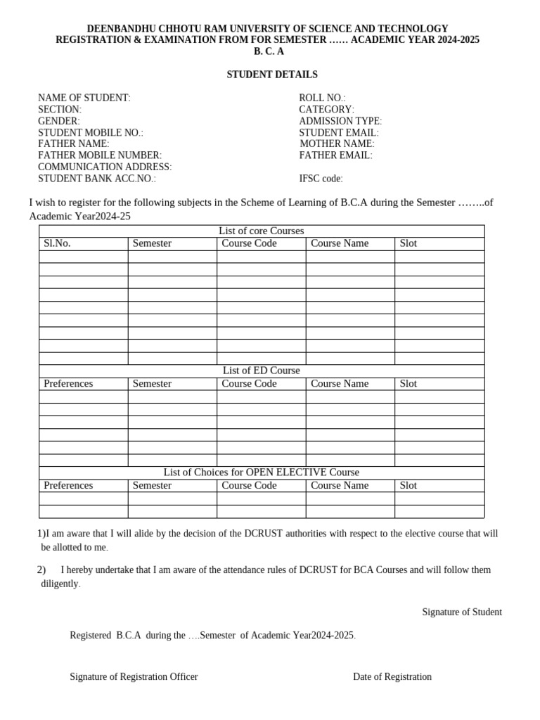 registration form for BCA | PDF