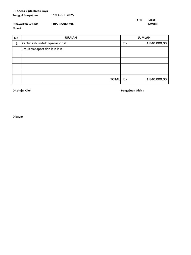 Pengajuan Kas Operasional Tawiri 190425 | PDF