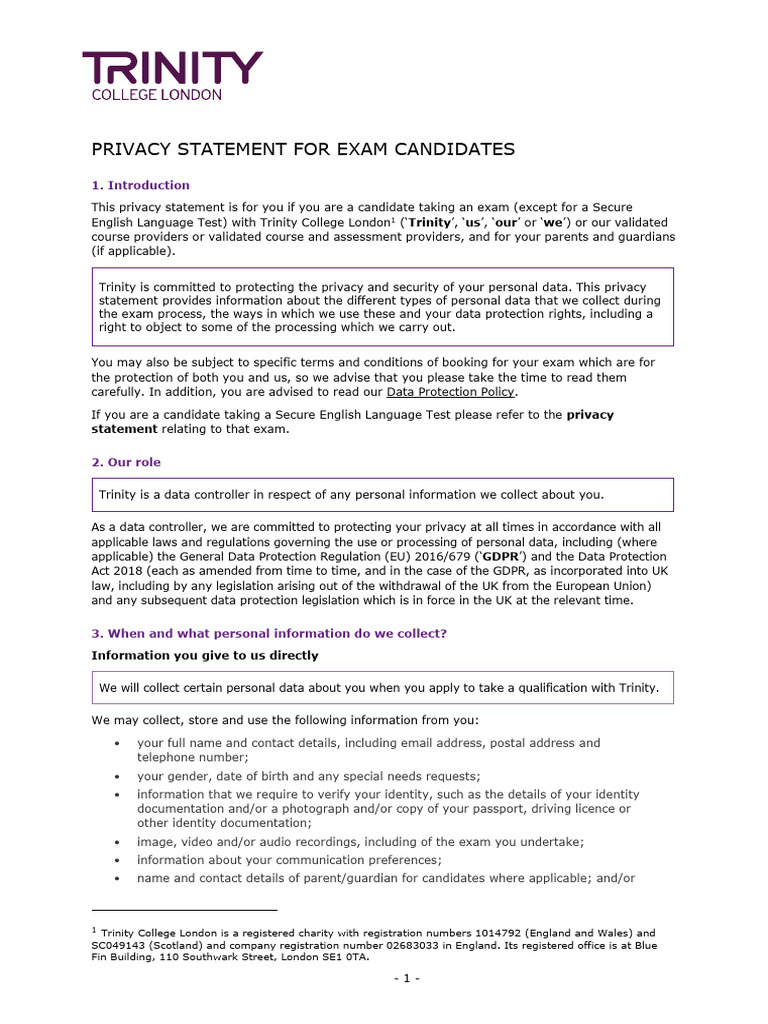 Trinity Exam Candidates Privacy Statement | PDF | Information Privacy ...