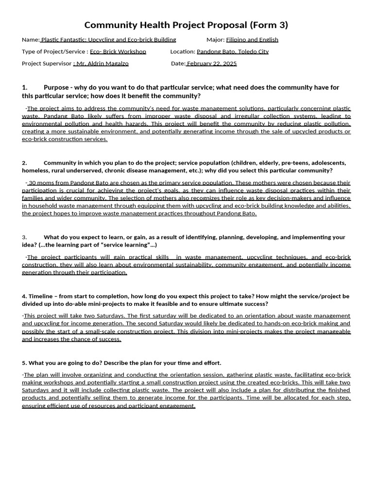 Form No. 3 Community Health Project Proposal Individual 1 1 1 | PDF ...