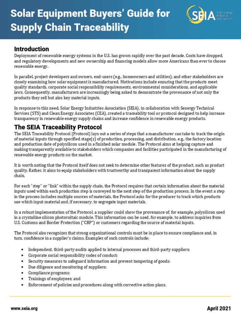 SEIA Solar Buyers Guide Supply Chain Traceability April2021 | PDF ...