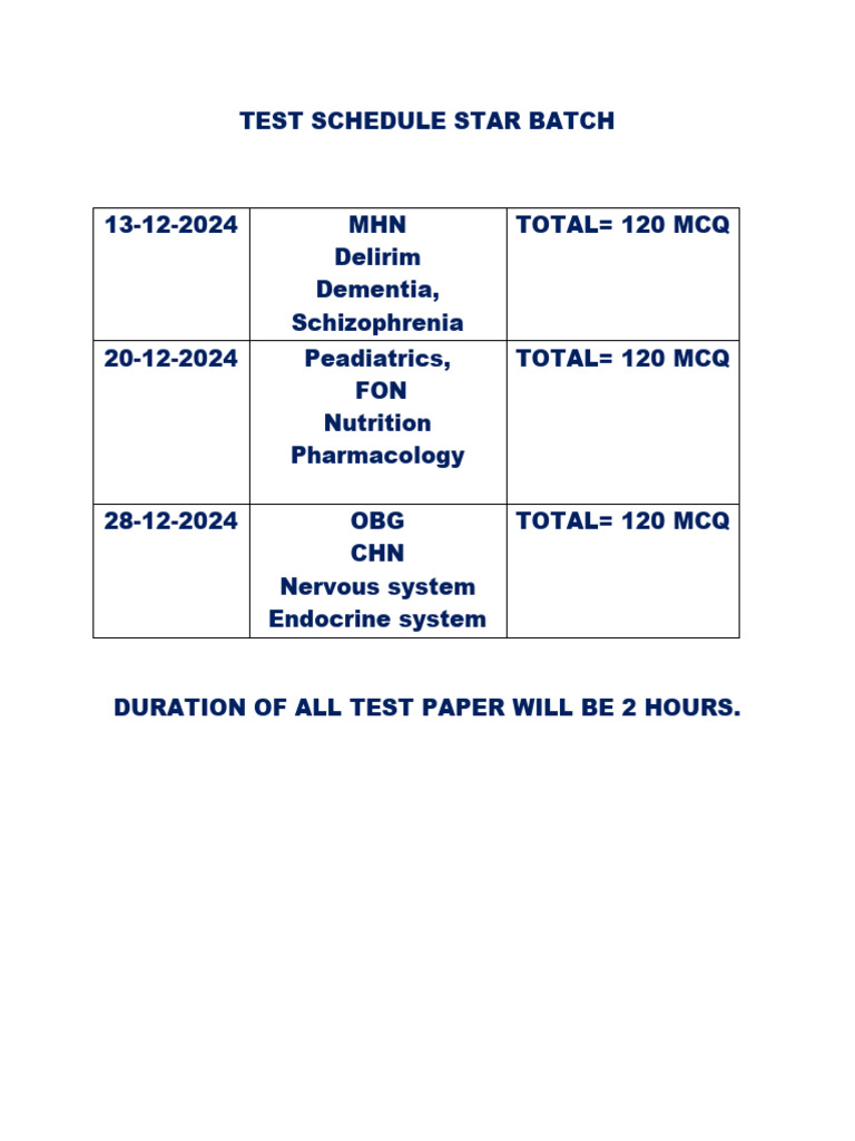 Test Schedule Month Dec 2024 Batch Star | PDF