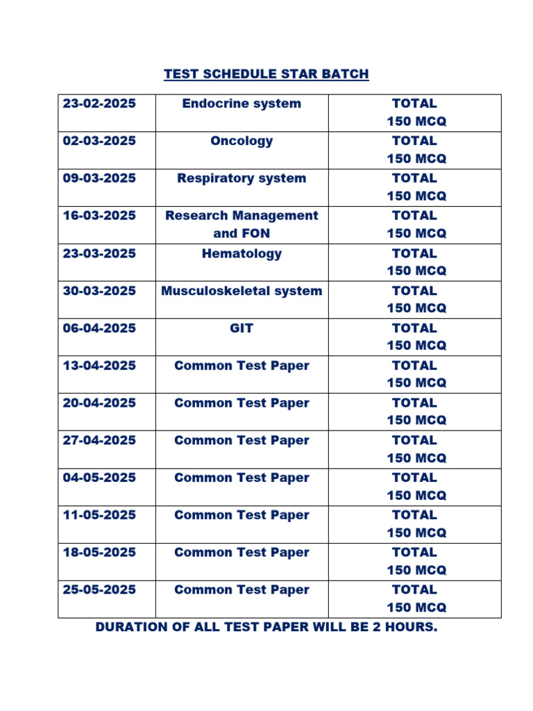 TEST SCHEDULE STAR BATCH Test Serise | PDF