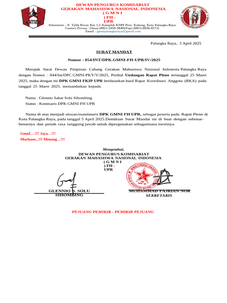 Surat Mandat DPK FH UPR | PDF