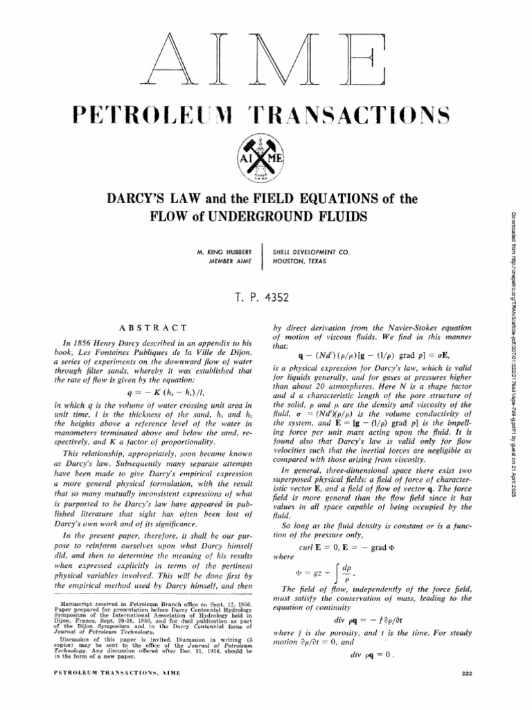 Darcy's Law and The Field Equations of The Flow of Underground Fluids ...
