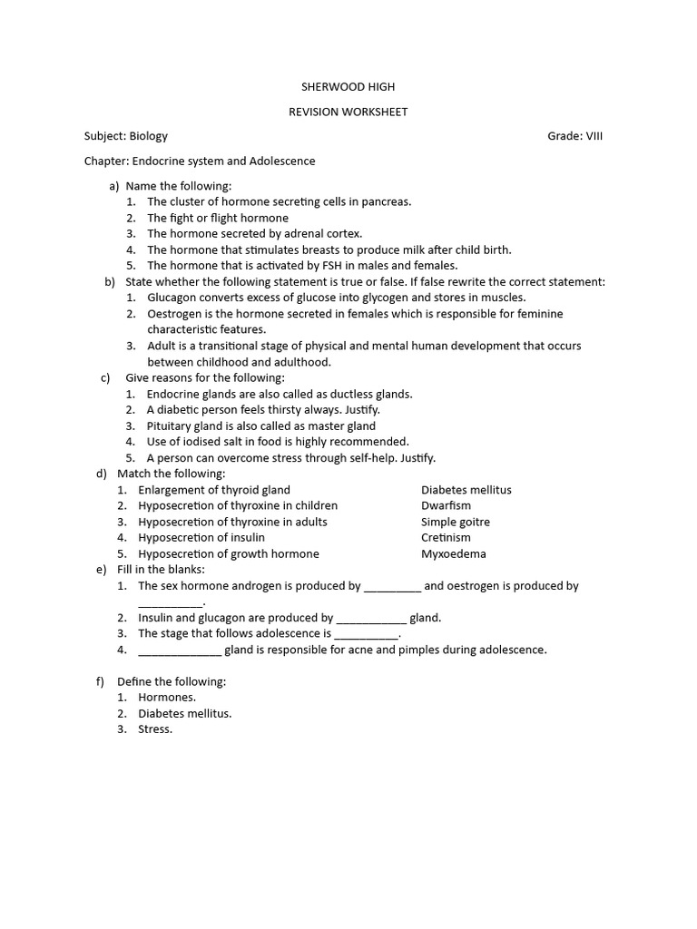 Endocrine System Revision Worksheet | PDF