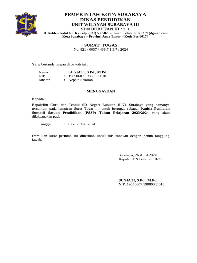 Surat Tugas PSSP SDN Bubutan III | PDF