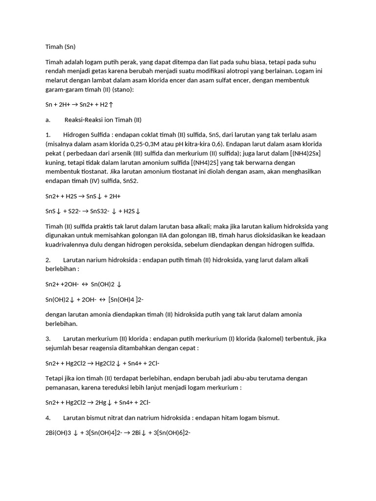 Reaksi dan Sifat Kimia Timah (Sn) | PDF