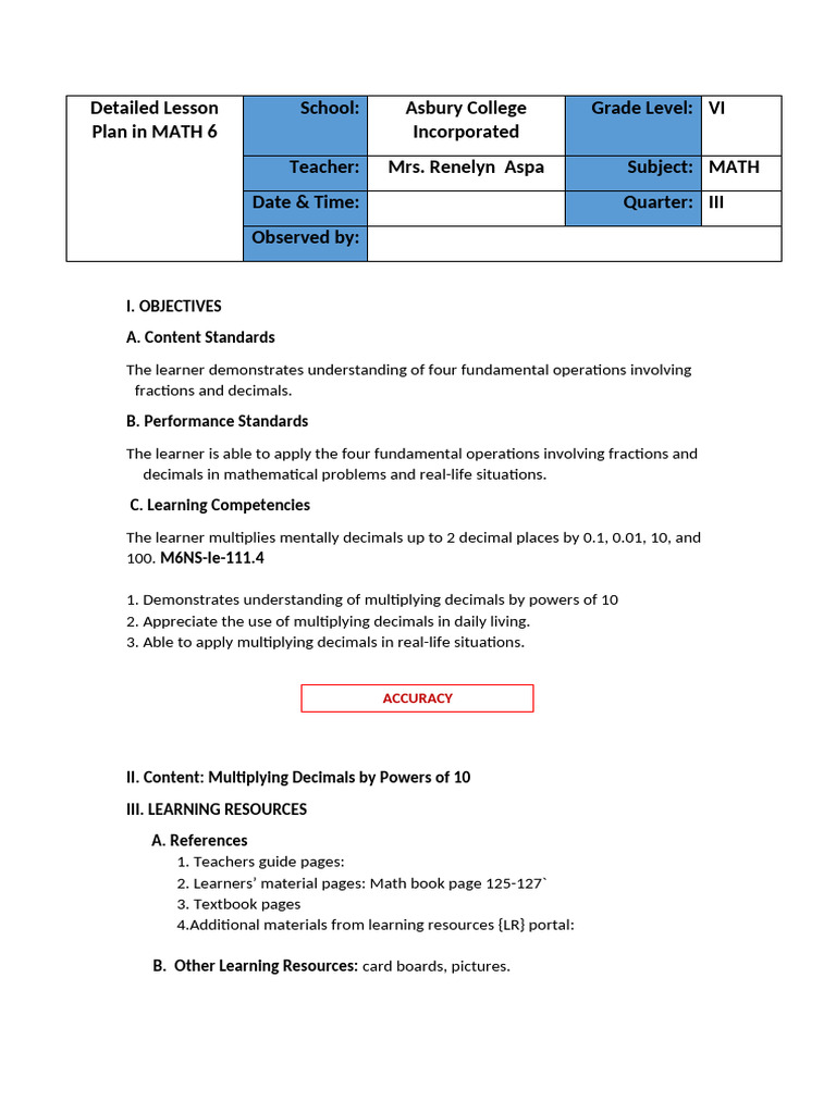 Detailed Lesson Plan in MATH 6 | PDF | Numbers | Teachers