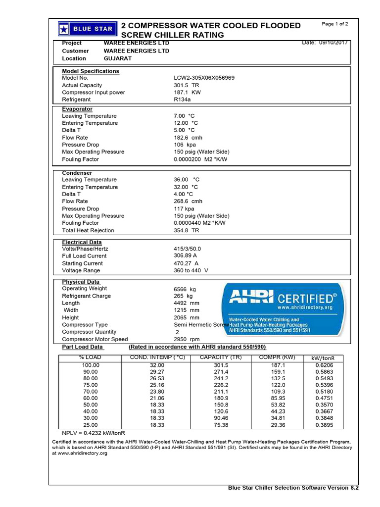 LCW2-305X06X056969 - Chiller Data Sheet | PDF | Heat Transfer ...