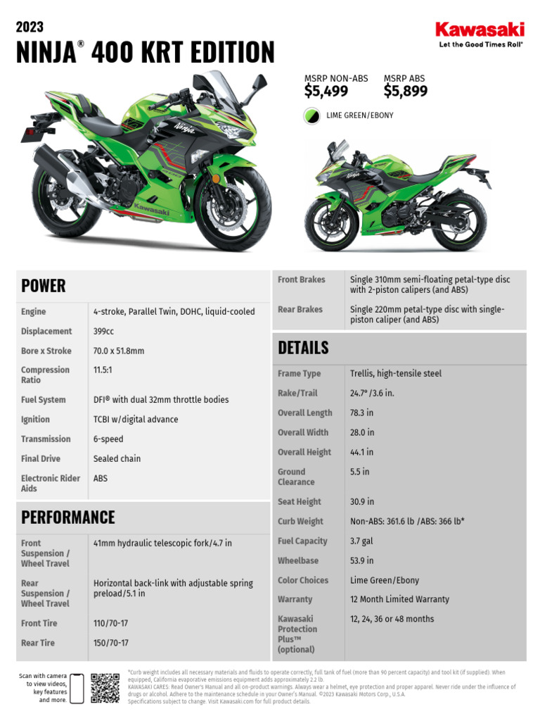 2023 Ninja 400 Abs KRT Edition en Us Spec Sheet | PDF | Anti Lock Braking System | Brake